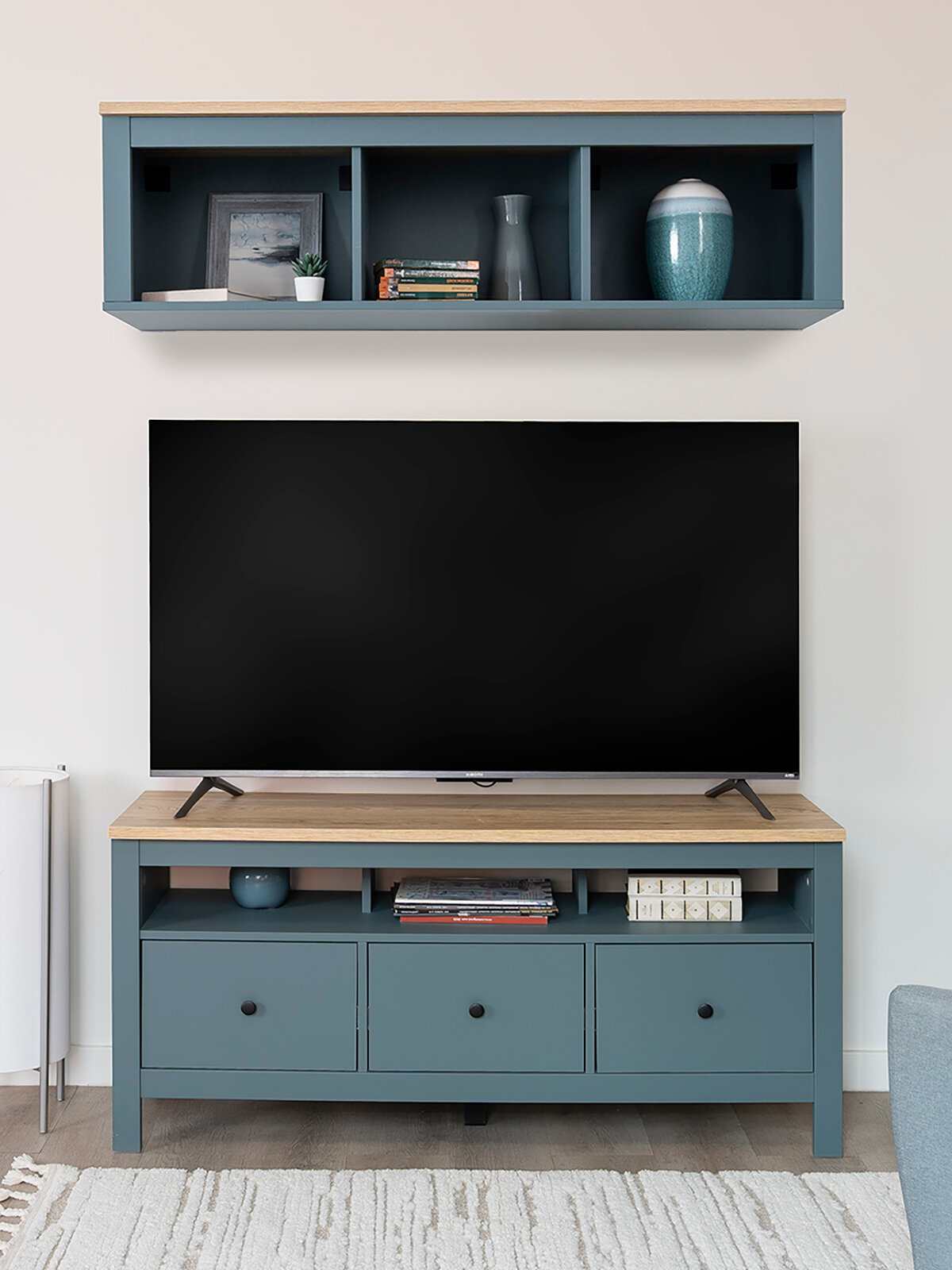 Тумба ГУД лакк Сага, 3 ящика, 131х41х62 см, направляющие с доводчиком, темно-бирюзовая/ясень