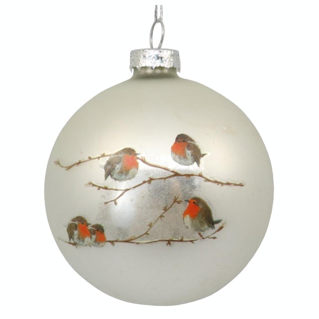 Елочный шар Maxijoy снегири 80мм стекло белый / новогоднее украшение, игрушка на ёлку