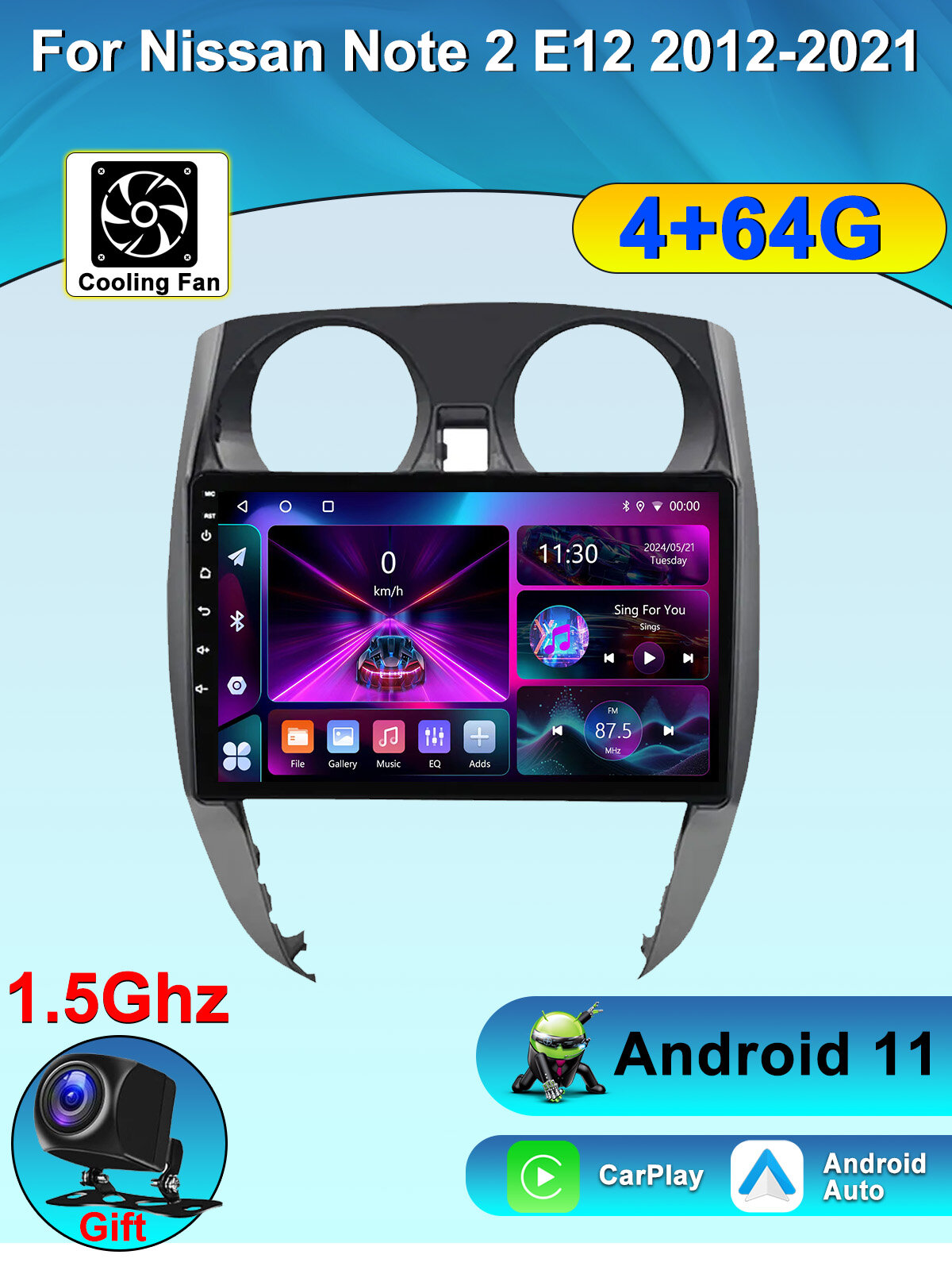 Автомагнитола 2DIN для Nissan Note 2 (E12) 2012-2021, Android 4+64GB, Bluetooth, GPS, CarPlay/Android Auto