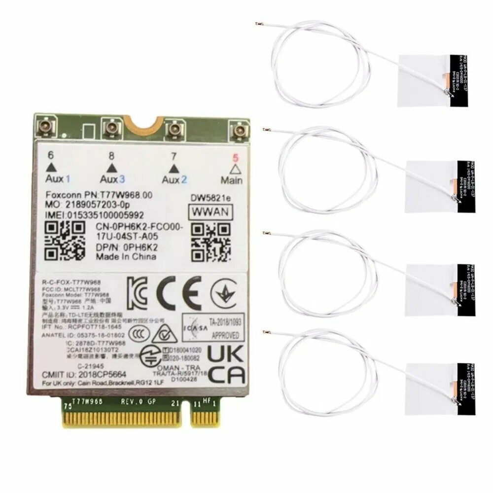 Модуль беспроводной сети Cat16 T77W968 DW5821E X20 4G LTE, гигабитная беспроводная карта для ноутбуков 5420, 5424, 7424, 7400 + 4 антенны