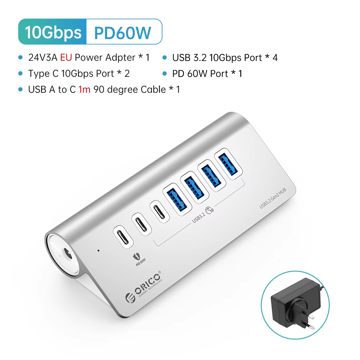 ORICO HUB USB 3.2 10Gbps с алюминиевым корпусом, питанием PD60W, адаптером питания, разветвителем Type C для MacBook, ПК, 8 портов, поддержка Windows, Mac OS, Linux, Thunderbolt 4 Hub
