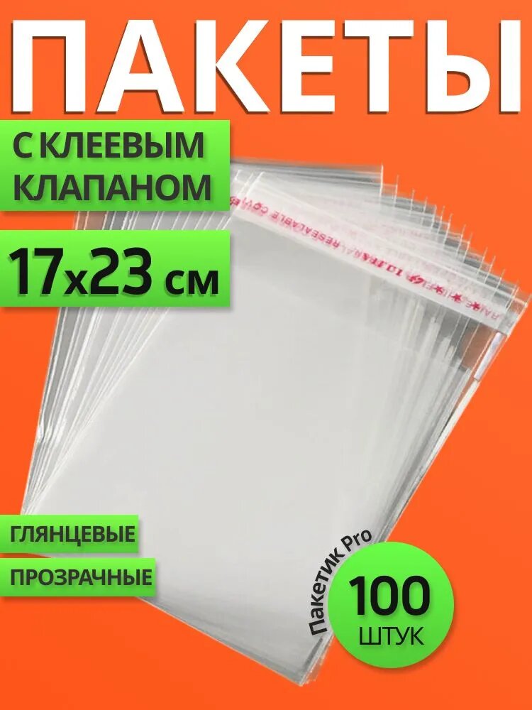 17х23 см упаковочные, фасовочные пакеты бопп с клеевым клапаном, 100 шт, Пакетик Pro