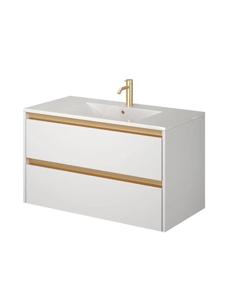 Тумба с раковиной Sanvit Люксор 2-90 подвесная, 91 см, с ящиками, белая, прямоугольная, в современном стиле, из МДФ, из фаянса