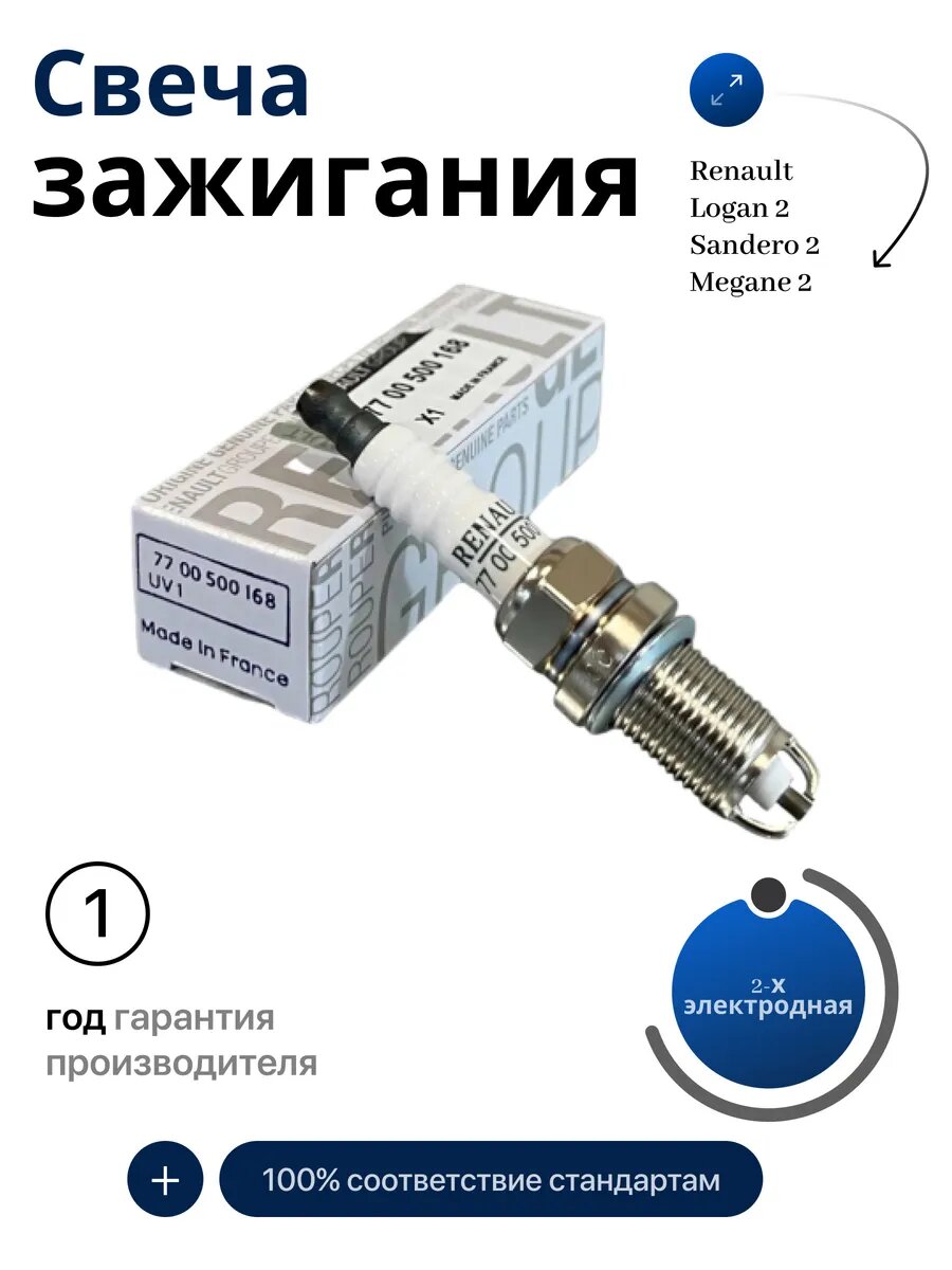 Свеча зажигания Renault 7700500168, оригинальная, для Renault Logan/Логан, Sandero/Сандеро, Largus/Ларгус