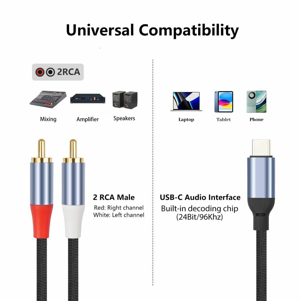 Кабель USB Type C 2RCA для усилителя, 1m — фото 1