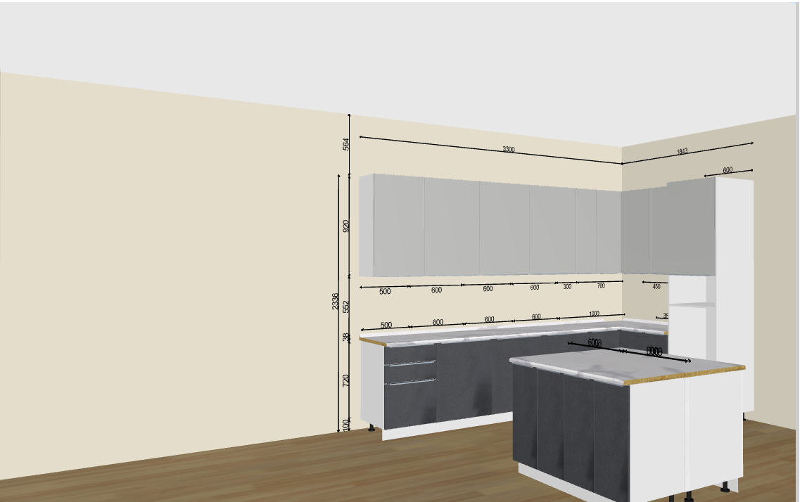 Кухня фьюжн с островом 3300-1850 высота 2336 со столешницами без верхних модулей