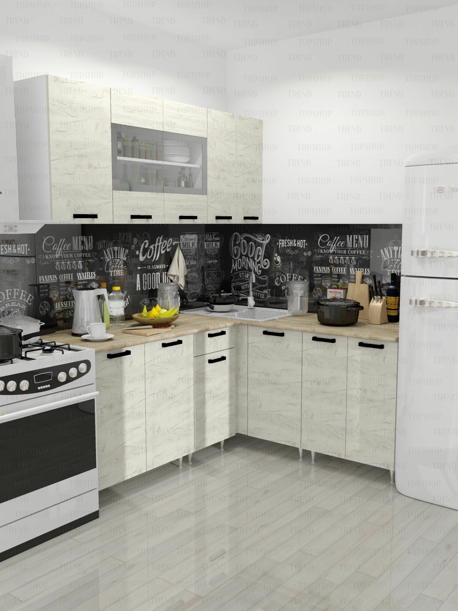 Угловой кухонный гарнитур 1.8х1.6 м, Крафт белый /Сонома