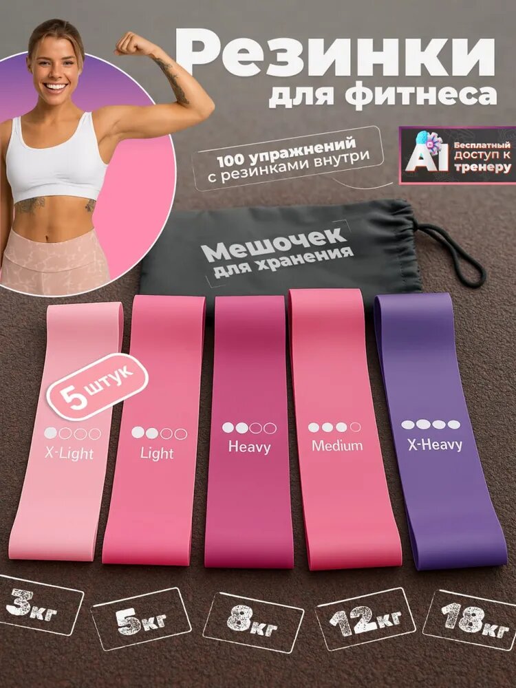 Резинка для фитнеса, набор 5 шт. Эта эластичная лента подходит для силовых упражнений и растяжки.