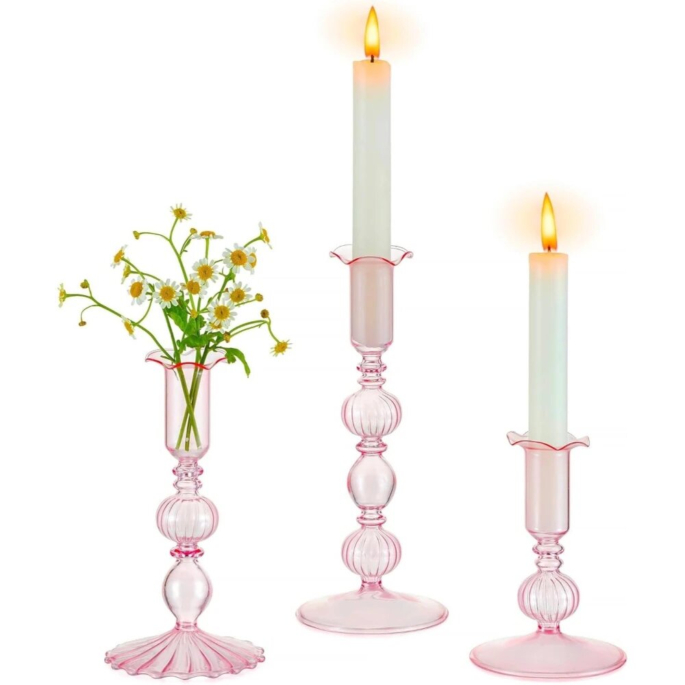 Розовый набор из 3 стеклянных подсвечников Style B pink