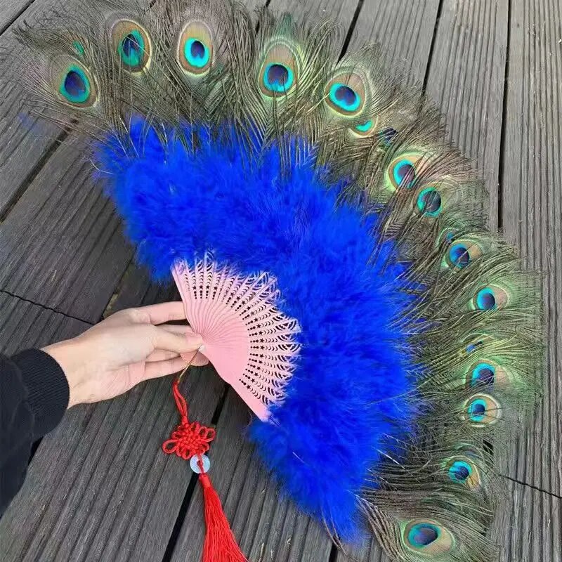 Складной веер с перьями Синий, Blue