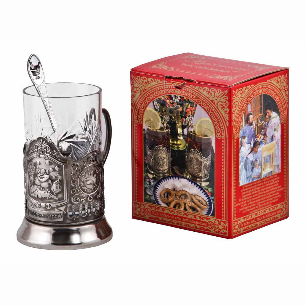 Набор для чая "Баня" (3 пр.) карт. коробка, хруст. стакан, штамп, ложка-нерж. грав. ПД-355/1К