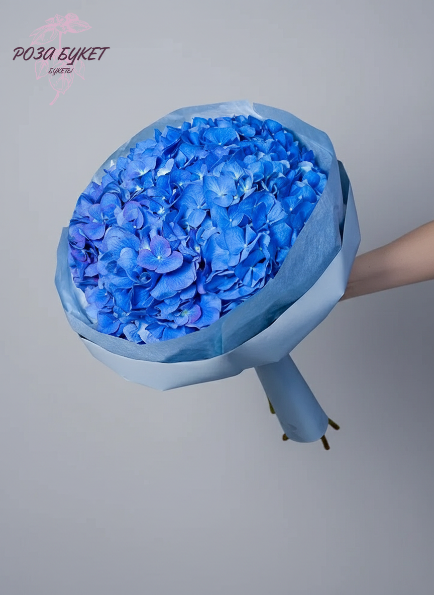 Букет цветов, букет из голубых гортензий 5 шт, красивый букет цветов, шикарный, премиум цветы, долгий букет