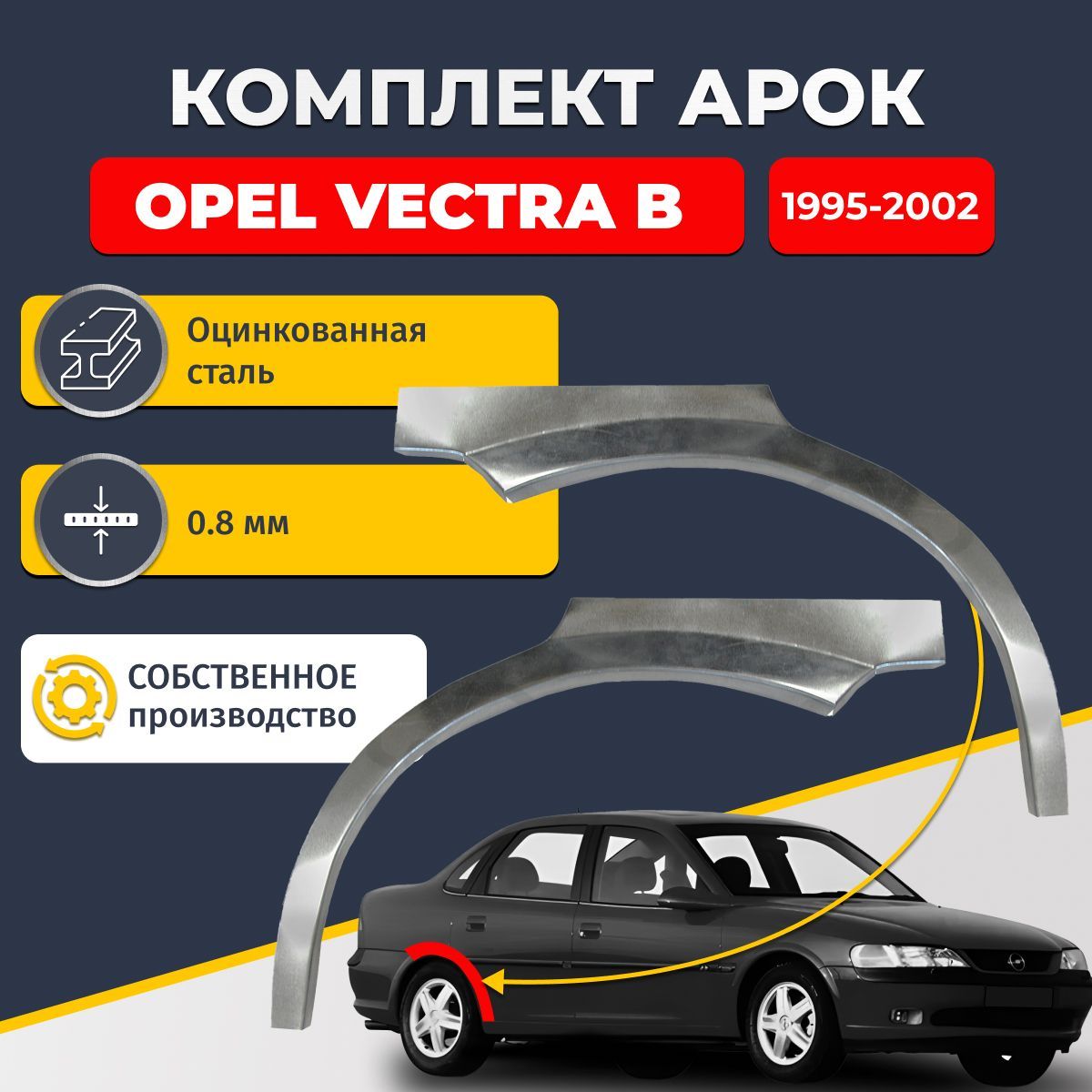 Комплект задних ремонтных арок для автомобиля (2 шт.), Opel Vectra B 1995-2002 седан 4 двери (Опель Вектра Б). Оцинкованная сталь 0,8 мм.