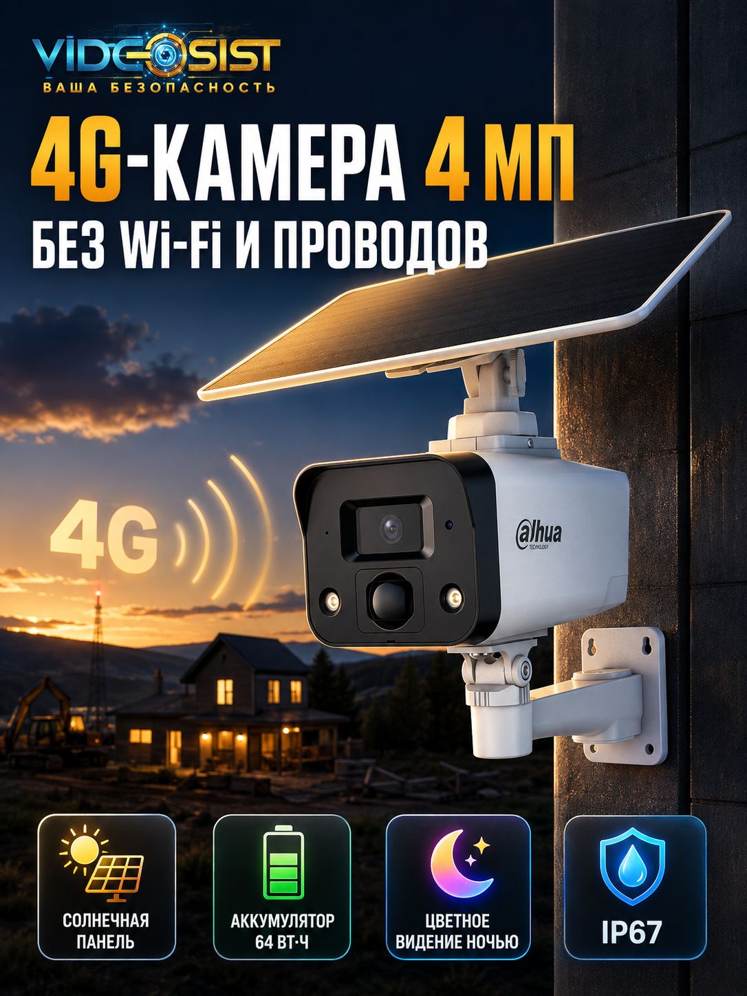 Камера видеонаблюдения уличная Dahua 4Мп DH-IPC-HFW2441DGP-4G-SP-B-0360B-MAX c поддержкой 4G и солнечной панелью