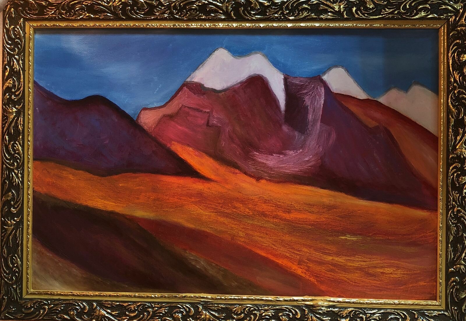 Картина в раме. Миляева Нина "Горы" по Рериху, холст, масло, 40x60. Авторская живопись.