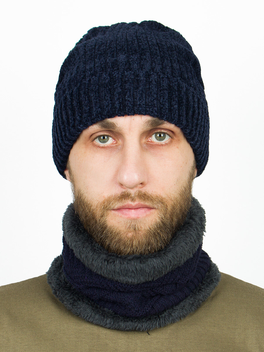 Комплект с головным убором Комплект зимний на меху шапка + шарф цвет синий для мужчин