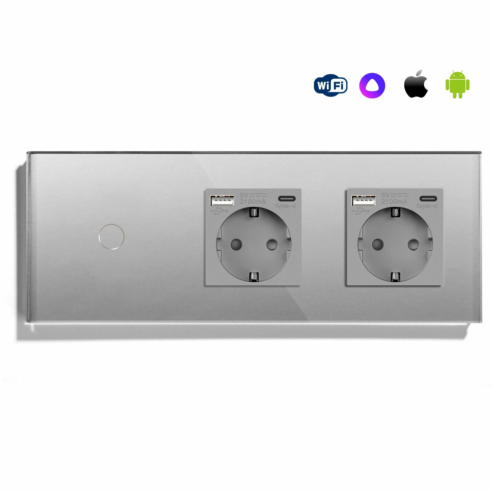 Сенсорный выключатель WiFi 1 клавиша 2 розетки 3 поста (1G+2AC) стекло 228х86мм цвет серый