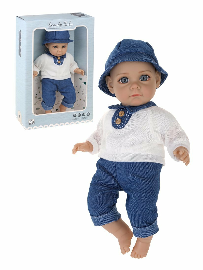 Кукла мягконабивная 35см со звуком, в синих штанишках Наша Игрушка YYL286175