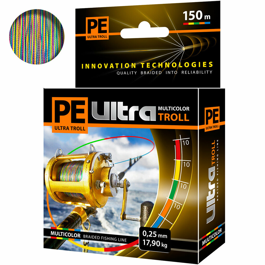 Плетеный шнур для рыбалки AQUA PE ULTRA TROLL MULTICOLOR 0,25mm 150m