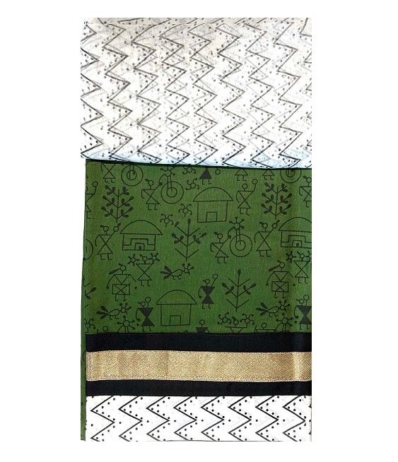 Купон сальвар-камиз + дупаtта С этническими рисунками варли, цвет темно-зеленый С белым (разный дизайн, отрез ткани для пошива туники (пенджаби), штанов и накидки), 1 шт.