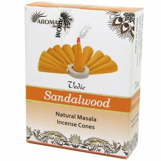Vedic SANDALWOOD Natural Masala Incense Cones, Aromatika (Ведик сандаловое дерево, натуральные конусные благовония, Ароматика), уп. 10 конусов.
