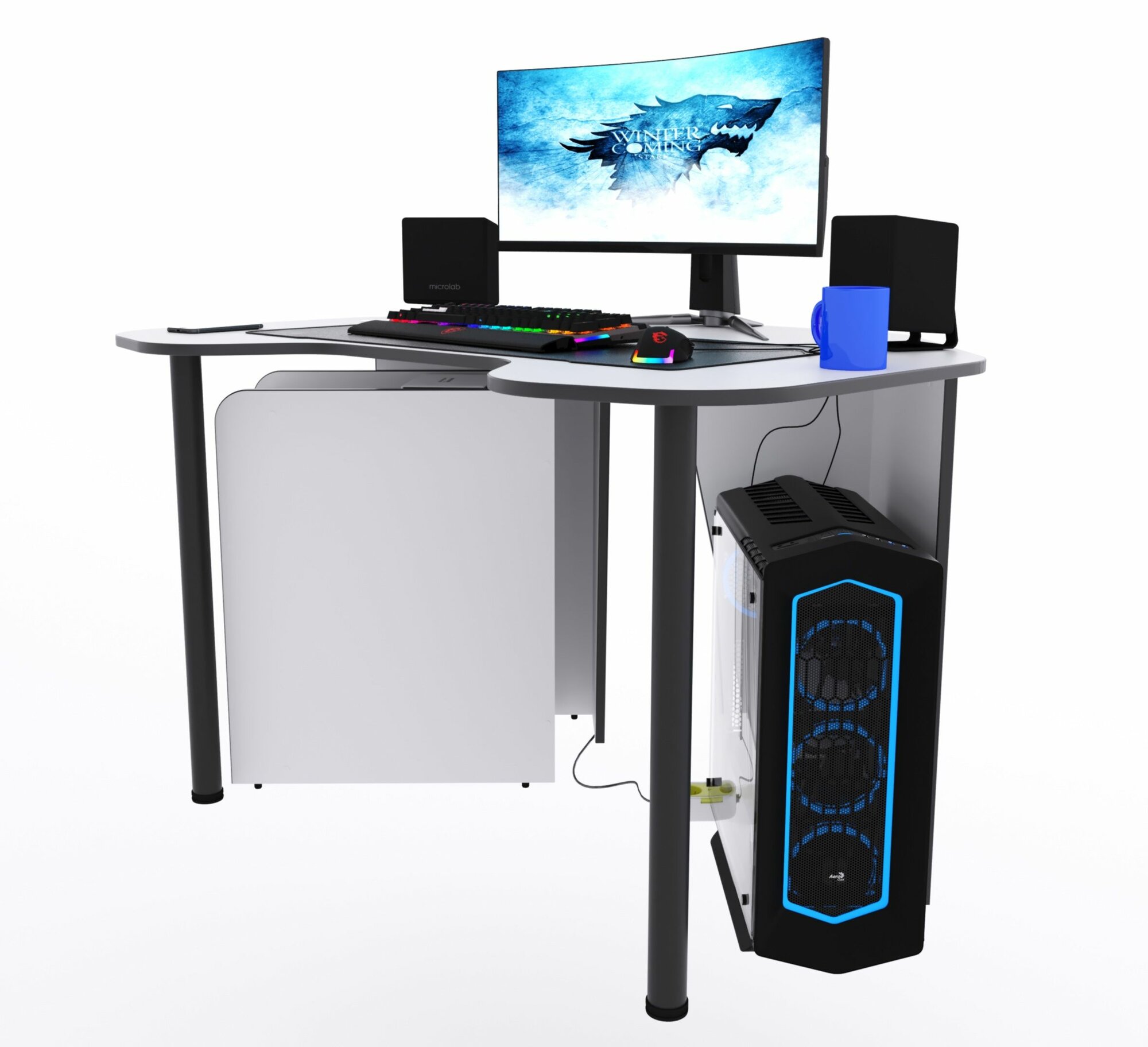 Угловой компьютерный стол "Угол" с тумбой, 120x87x75 см, белый с чёрной кромкой