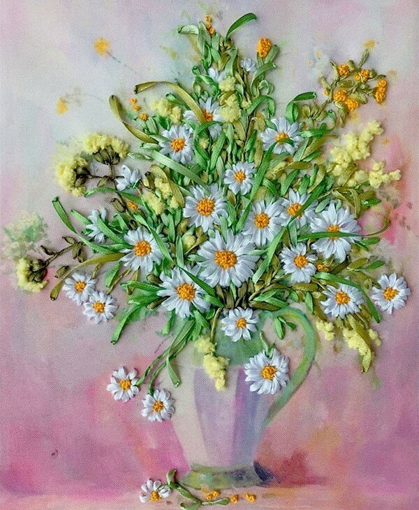 Набор для вышивания FeDi #ЛП2303 Белый букет, Вышивка лентами, 22.5 х 27 см