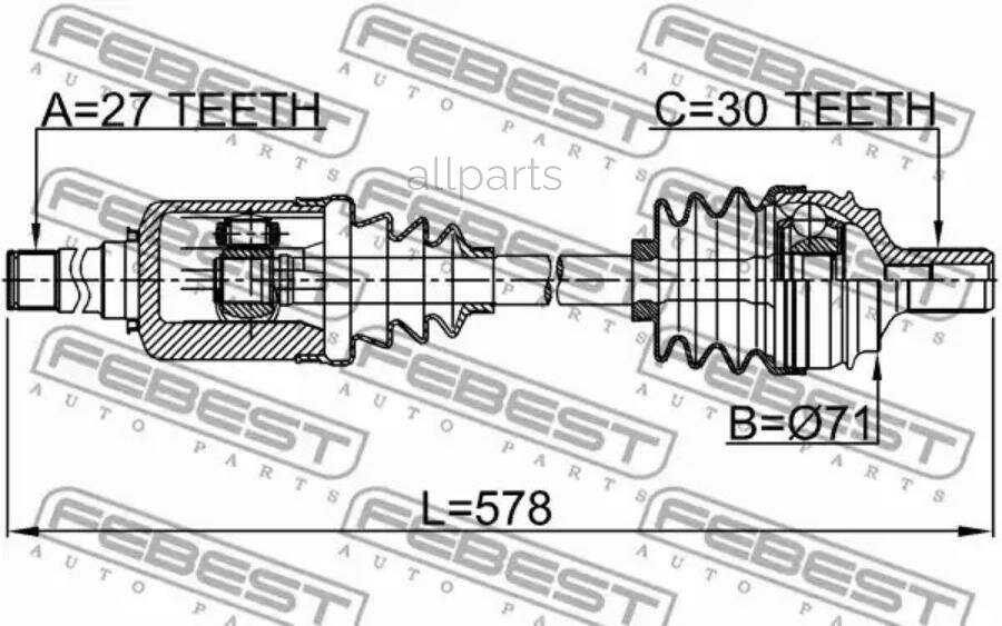 FEBEST 1614-221FRH Привод передний правый 27x578x30