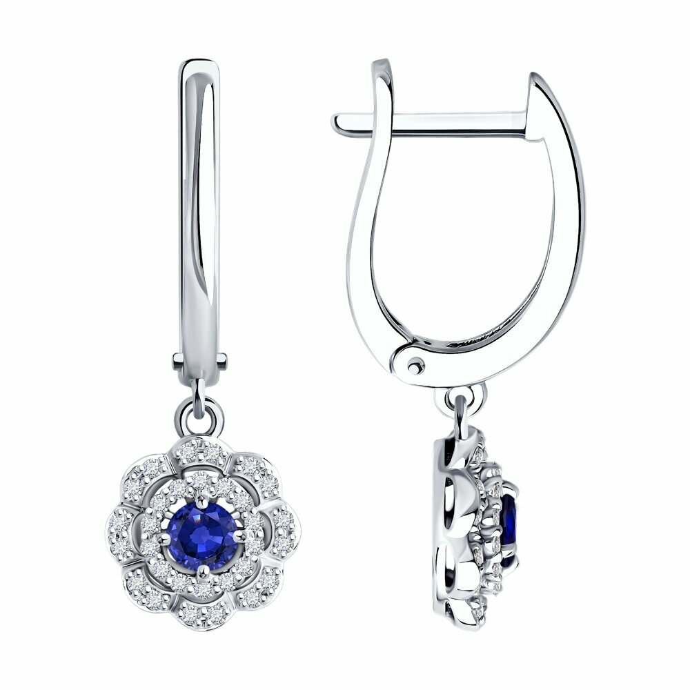Серьги с подвесками, белое золото, 585 проба, сапфир, бриллиант
