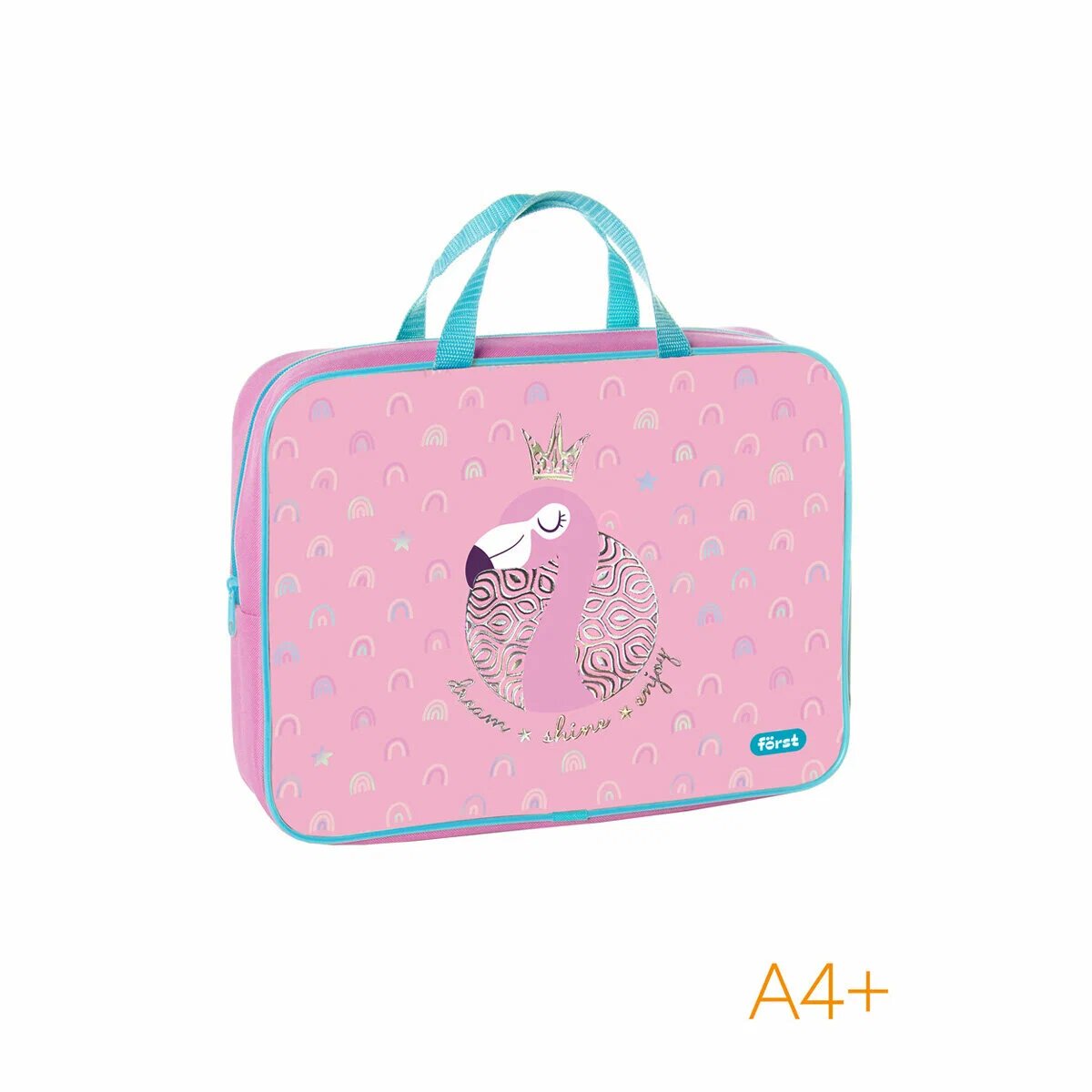 Папка Forst Shiny Flamingo, A4, с ручками, на молнии, пластик/текстиль, бирюзово-розовая