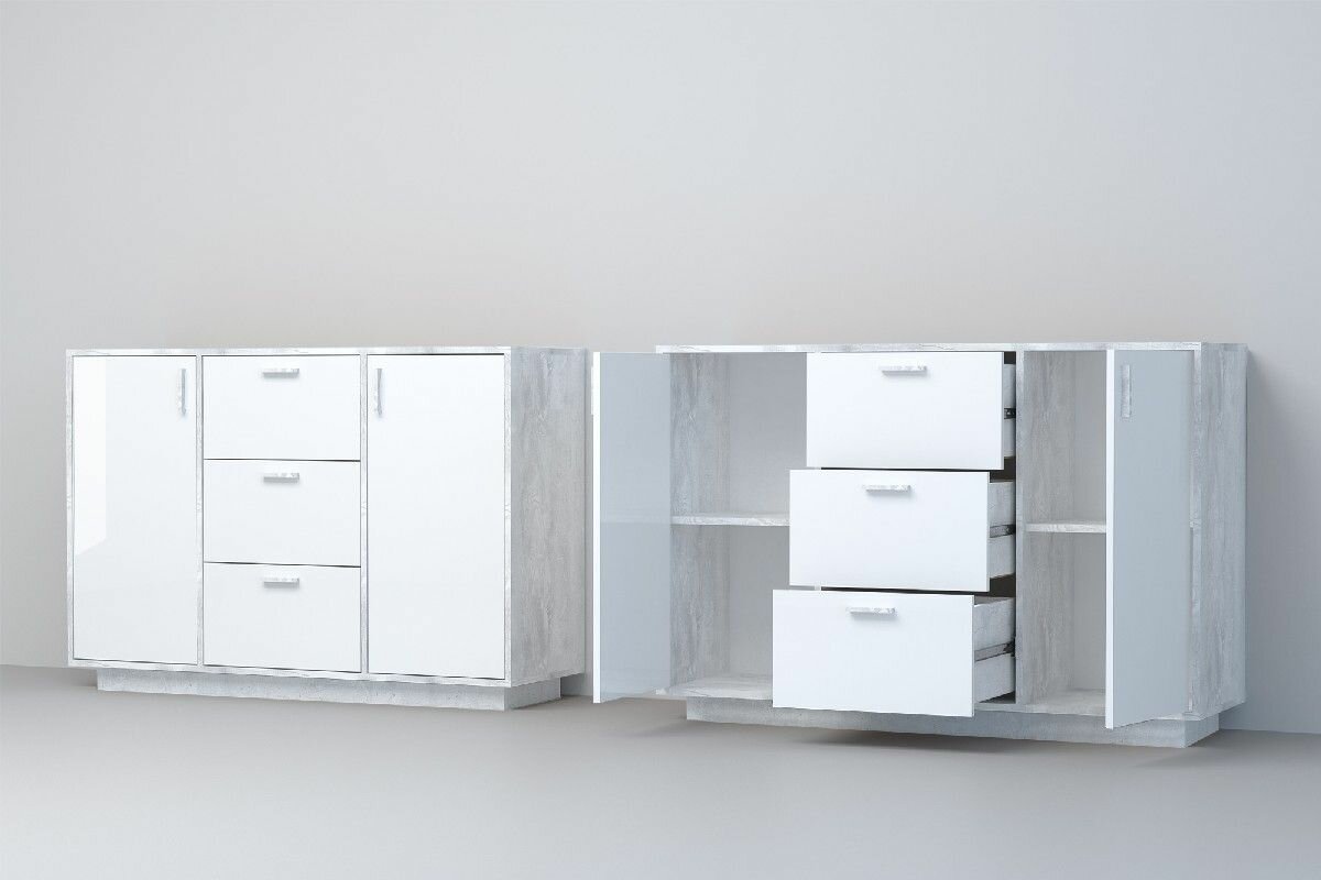 Комод "ЭГО" К-2 (ПД) Бетон Светлый/Белый Глянец