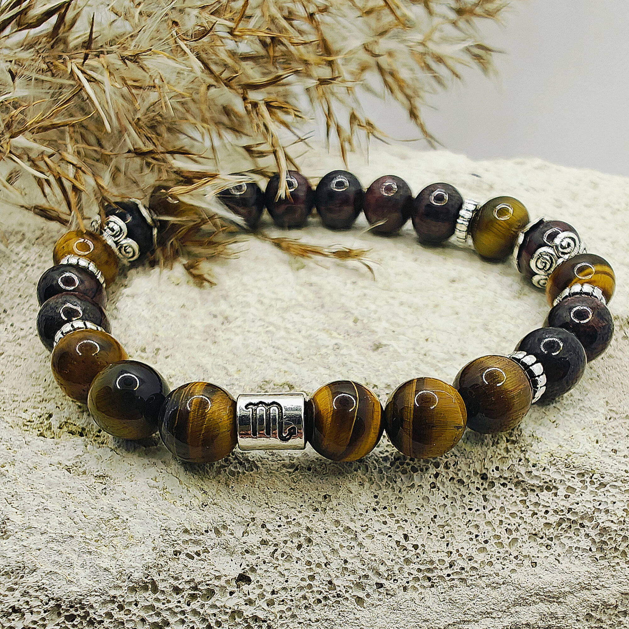 Плетеный браслет, тигровый глаз, гранат