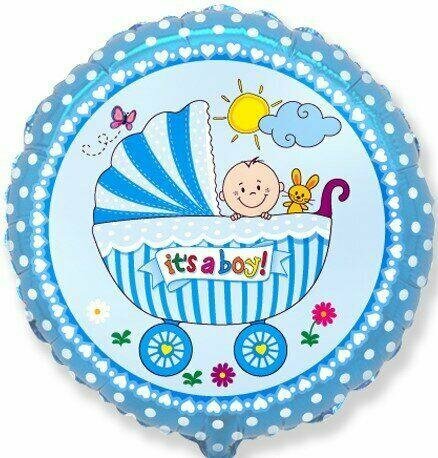 Шар (18'/46 см) Круг, Детская коляска для мальчика, Голубой, 1 шт.