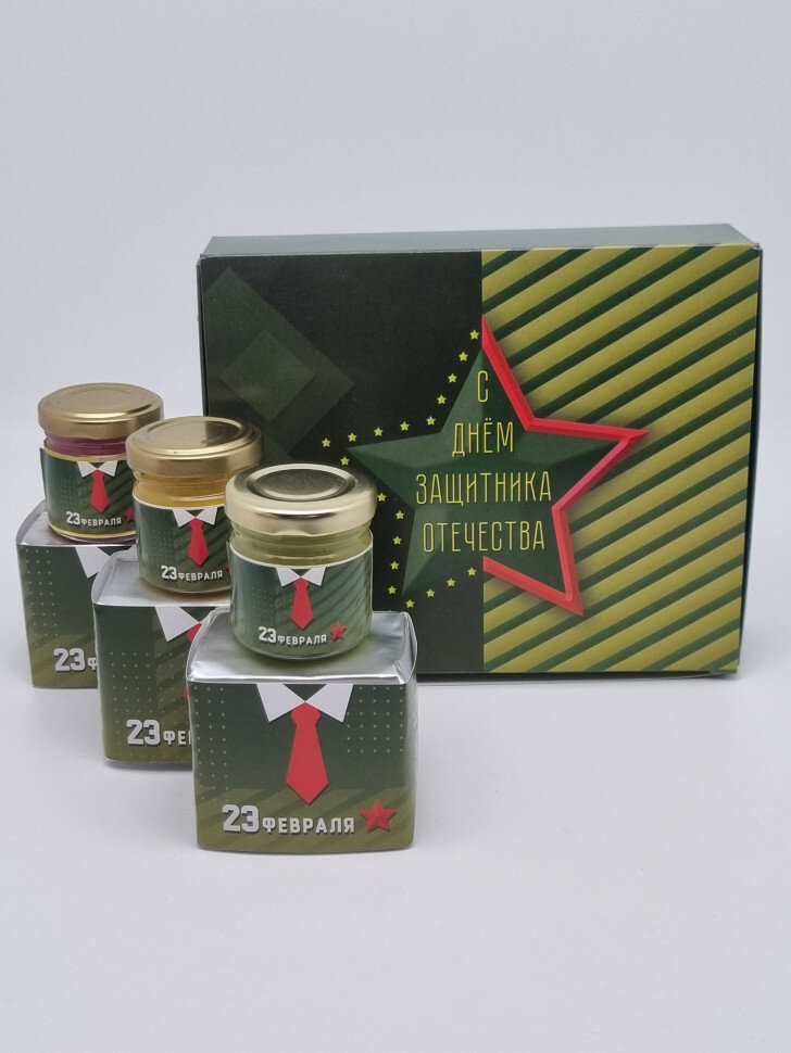 Подарочный набор с 23 февраля чай 3 вида и 3 вида меда микса облепиха, малина, лайм с имбирем 150гр