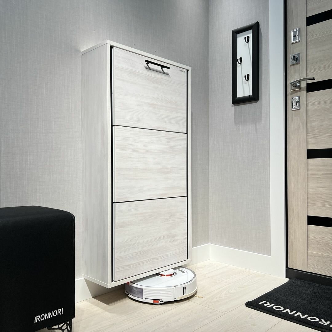 Обувница в прихожую IRONNORI Лайт 3 секции, Выбеленное дерево, профиль чёрный, 104х54.5х20 см