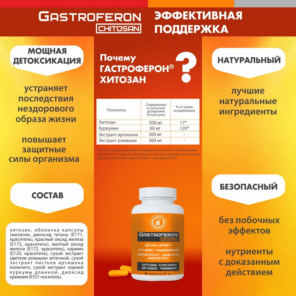 БАД "Гастроферон Хитозан", для ЖКТ, с экстрактами ромашки, артишока, куркумы — фото 1