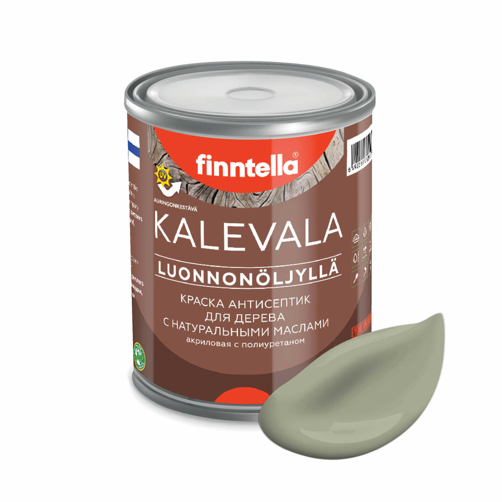 Краска для дерева и деревянных фасадов FINNTELLA KALEVALA, с натуральным маслом и полиуретаном, цвет SUOJAA (серо-зеленый) , 0,9л