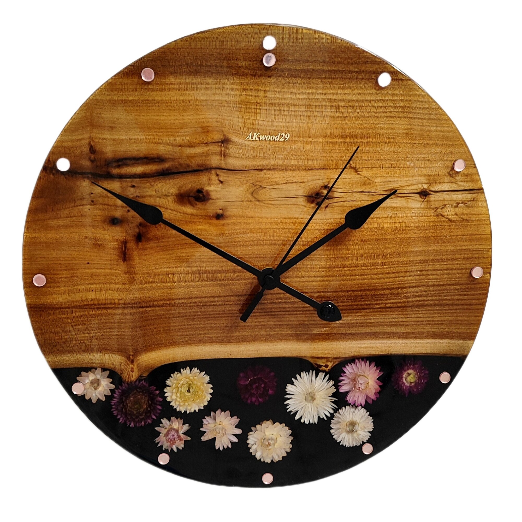 Часы настенные ручной работы из дерева и эпоксидной смолы "Сухоцветы"
