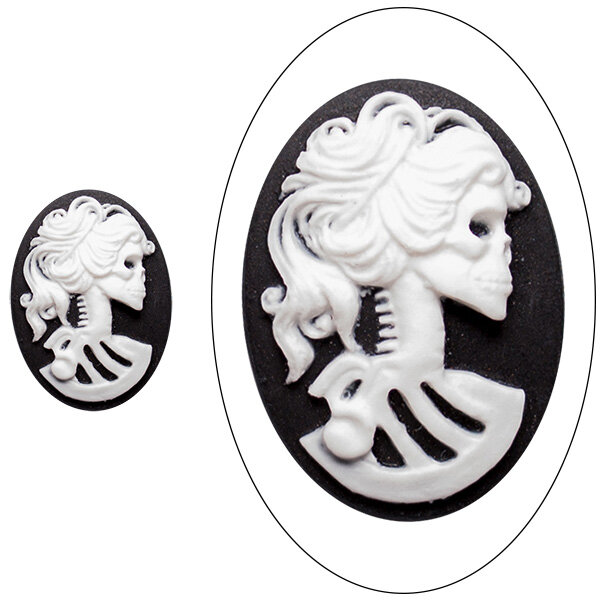 Камея акриловая, 25х18мм, девушка-скелет, белая на черном, 1 шт.