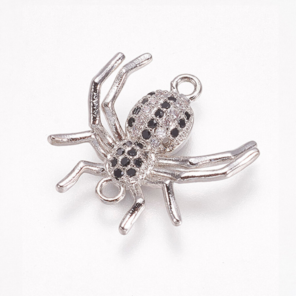 Коннектор 18.5х18х3.5мм, Milano, насекомое, Паук, с черными и кристально-прозрачными фианитами, базовый материал - латунь, под родий, 1 шт.