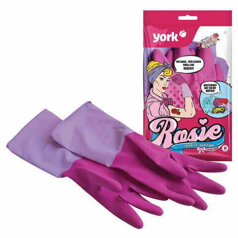 Перчатки резиновые, х/б напыление, рифленые пальцы, размер M, "Роза", 70 г, прочные, YORK, 92380