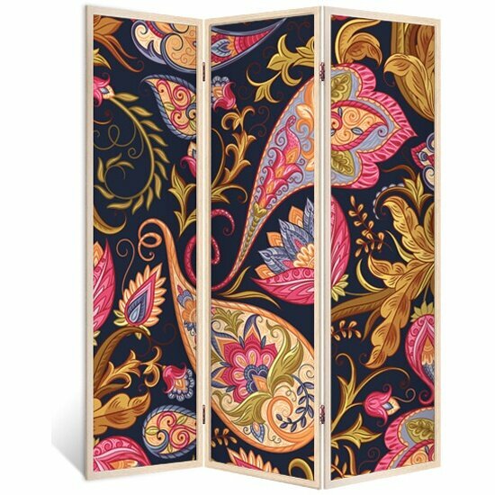 Ширма перегородка Декор Депо для комнаты деревянная "Индийский узор" двухсторонняя с картинкой (уют) 3 створки кремовый дуб 176х140 см 11 кг