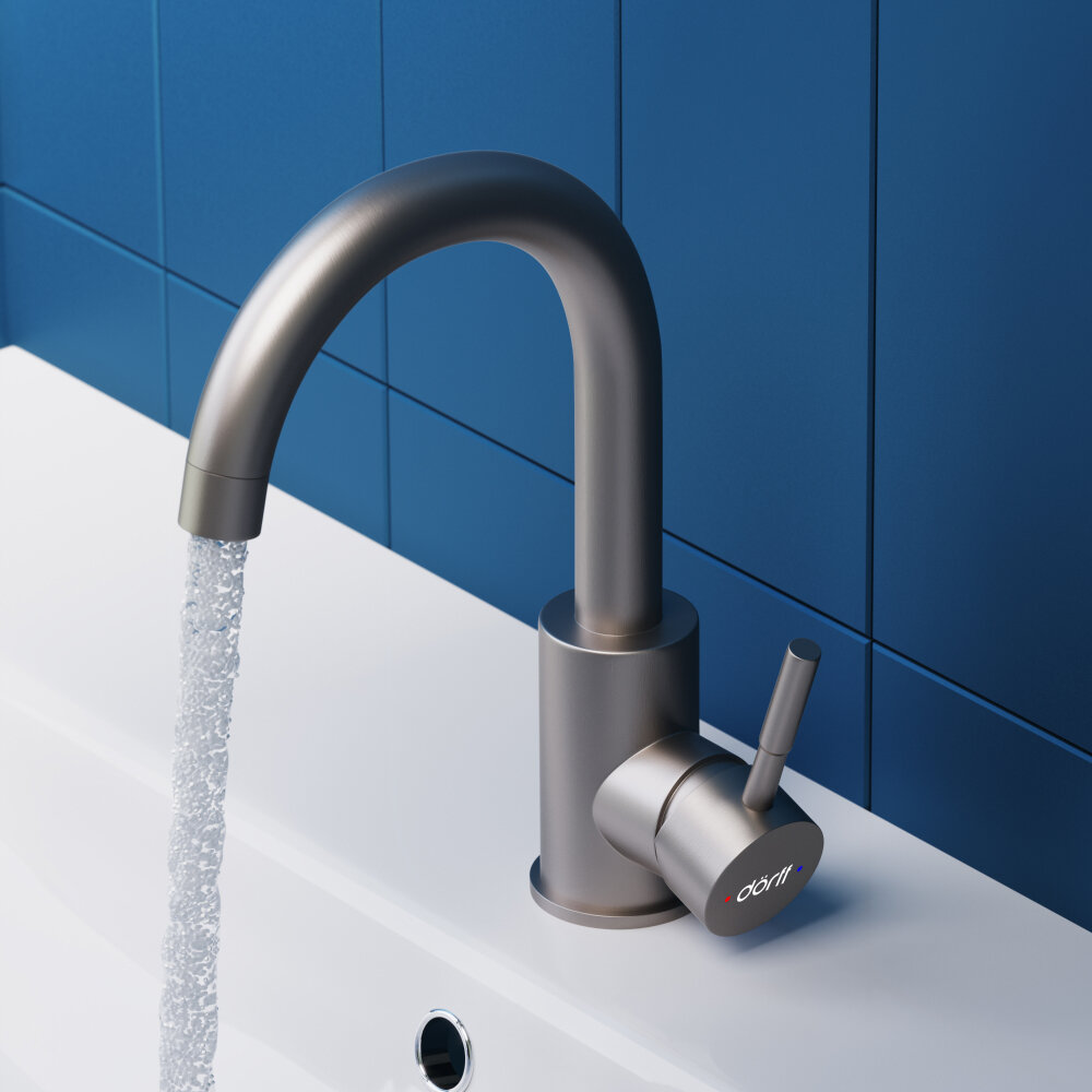 Смеситель для раковины Dorff Logic D3002101SS высокий поворотный излив, эргономичная ручка стик, керамический картридж, Германия