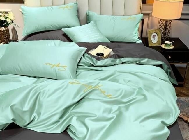 Комплект постельного белья Winni Tencel Евро - Светло Зеленый Темно Серый