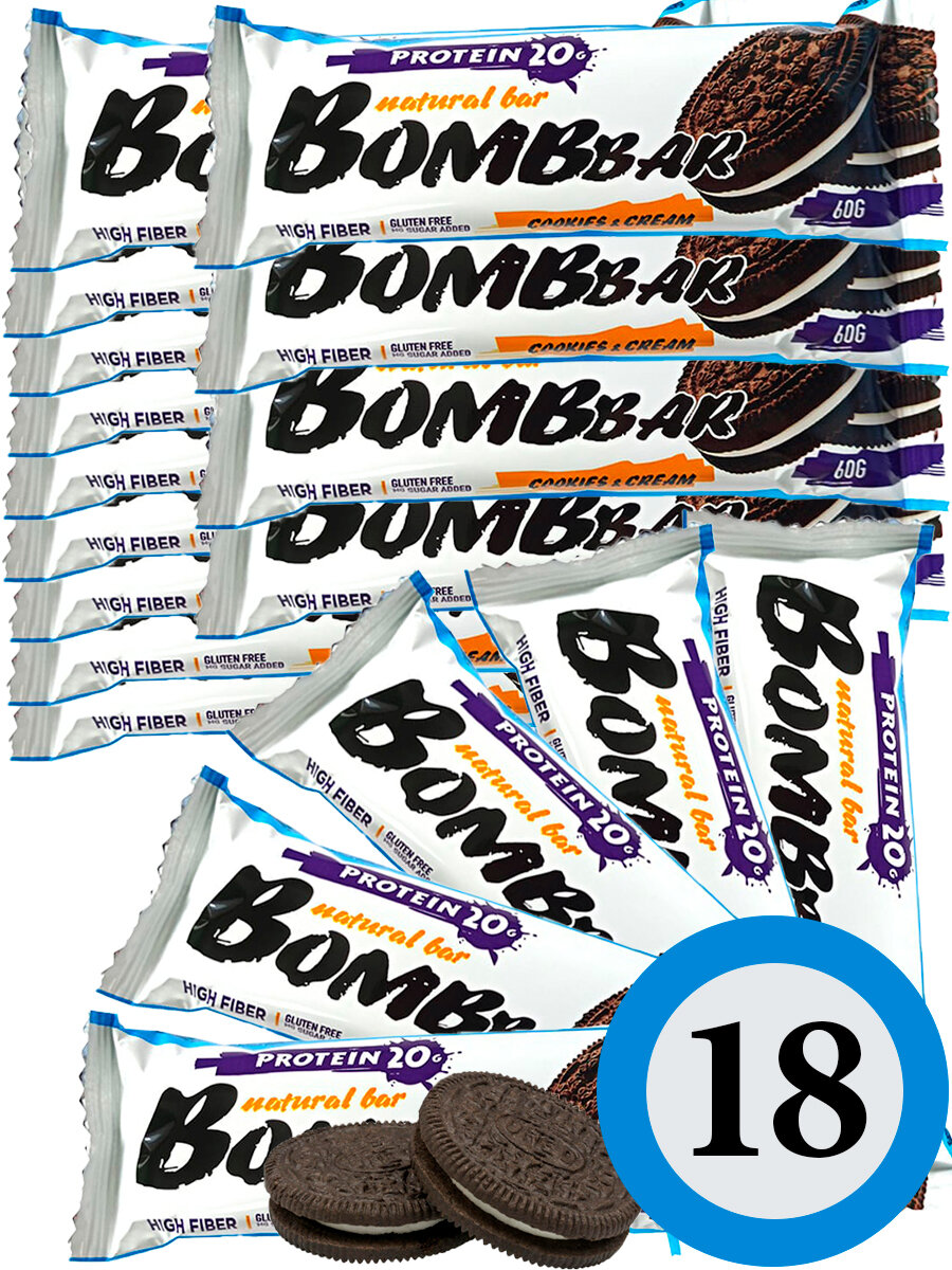 Протеиновый батончик BombBar Protein Bar 18 x 60 г, Печенье с кремом