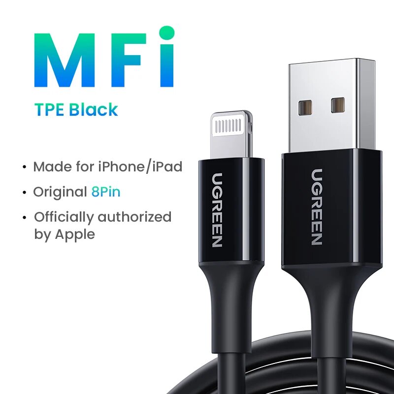 UGREEN MFi USB Lightning-кабель для iPhone 2.4A Кабели USB A для быстрой зарядки и 1m, TPE Black
