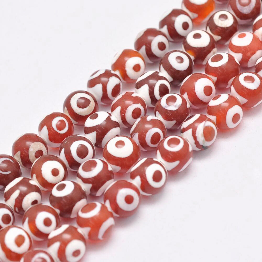 Бусины каменные, агат Дзи, 3 глаза, 8мм, коричнево-красные с белым, 46 шт, низка