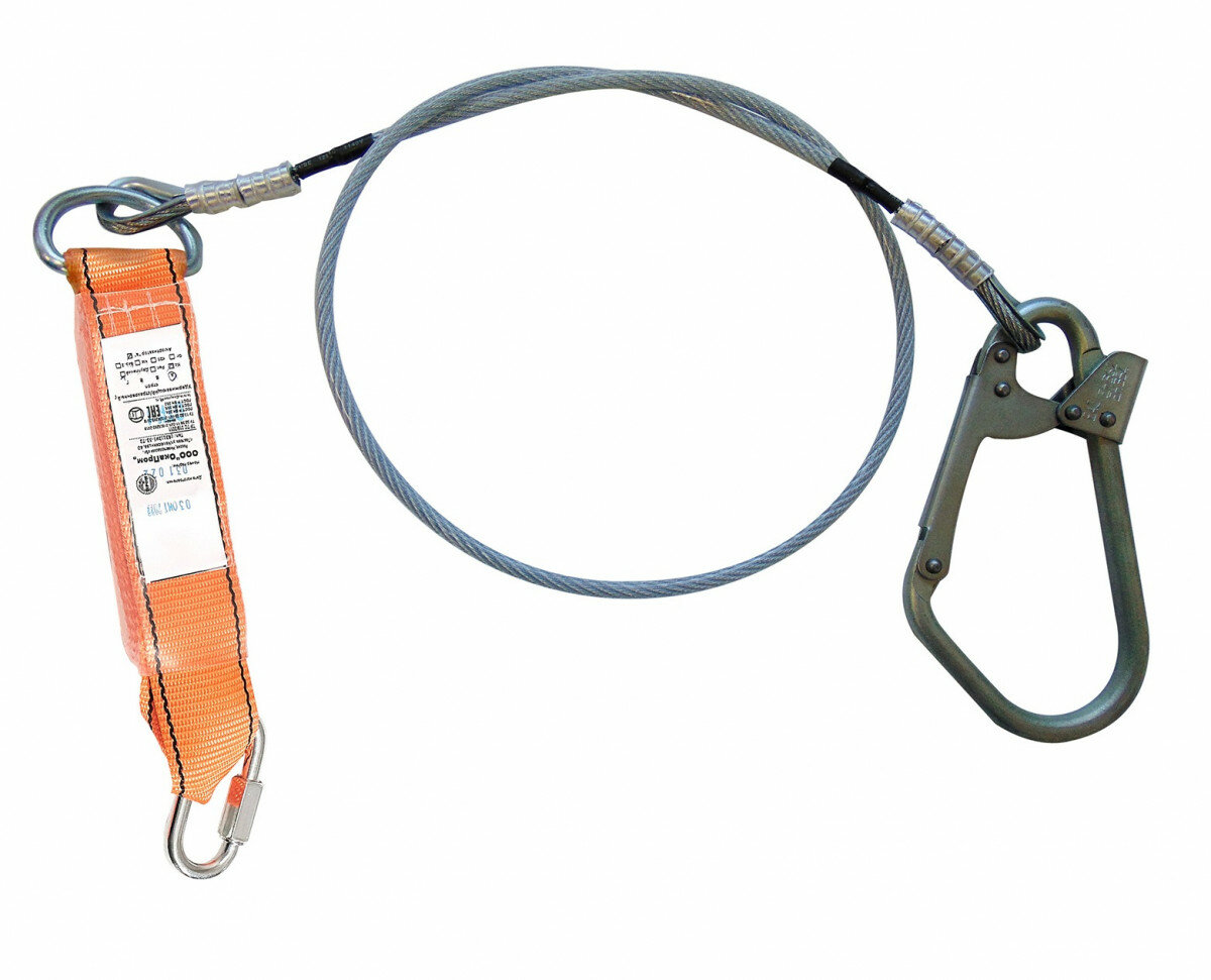 Строп-трос с амортизатором 2 карабина (винтовой класс Q, монтажный большой класс А), длина 1.8 метра