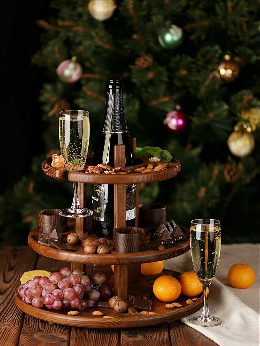Фруктовница 3-х ярусная с бокалами Zotwoods из термоясеня, 1 шт, деревянная этажерка/этажерка для фруктов