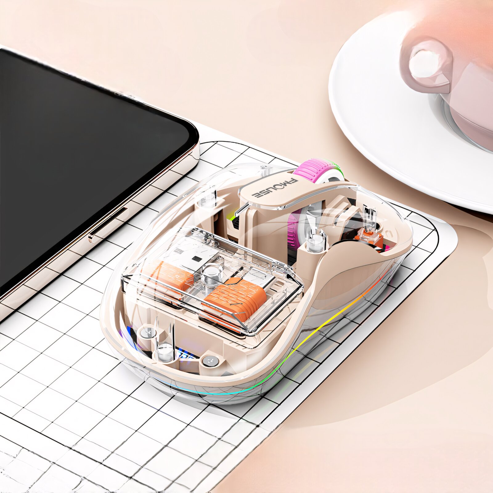 Мышь FMOUSE M333 milk tea, беспроводная, прозрачный корпус